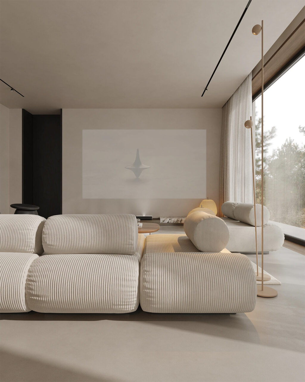 Peaceful Living Space with Warm Floor Lamps and Neutral Hues