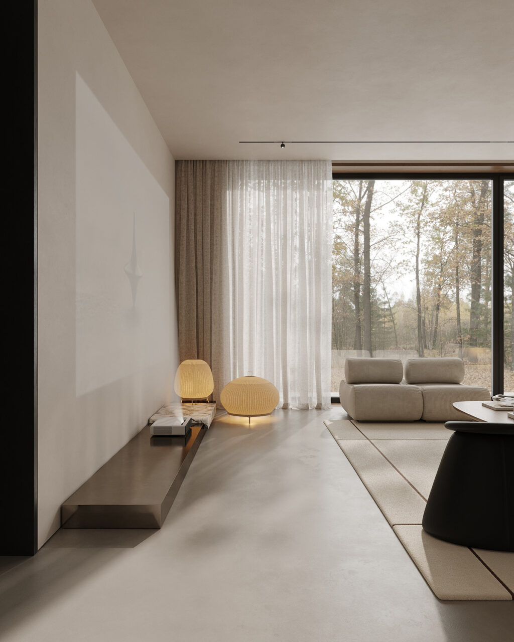 Peaceful Living Space with Warm Floor Lamps and Neutral Hues