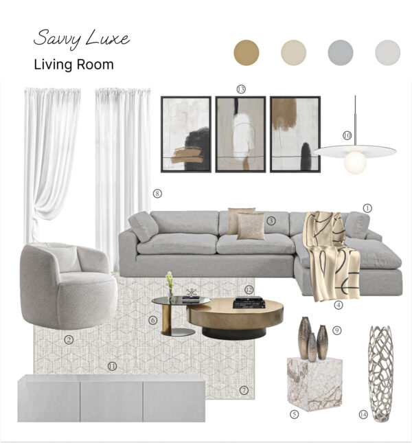 Savvy Luxe Living Room: Product Board with Shopping List