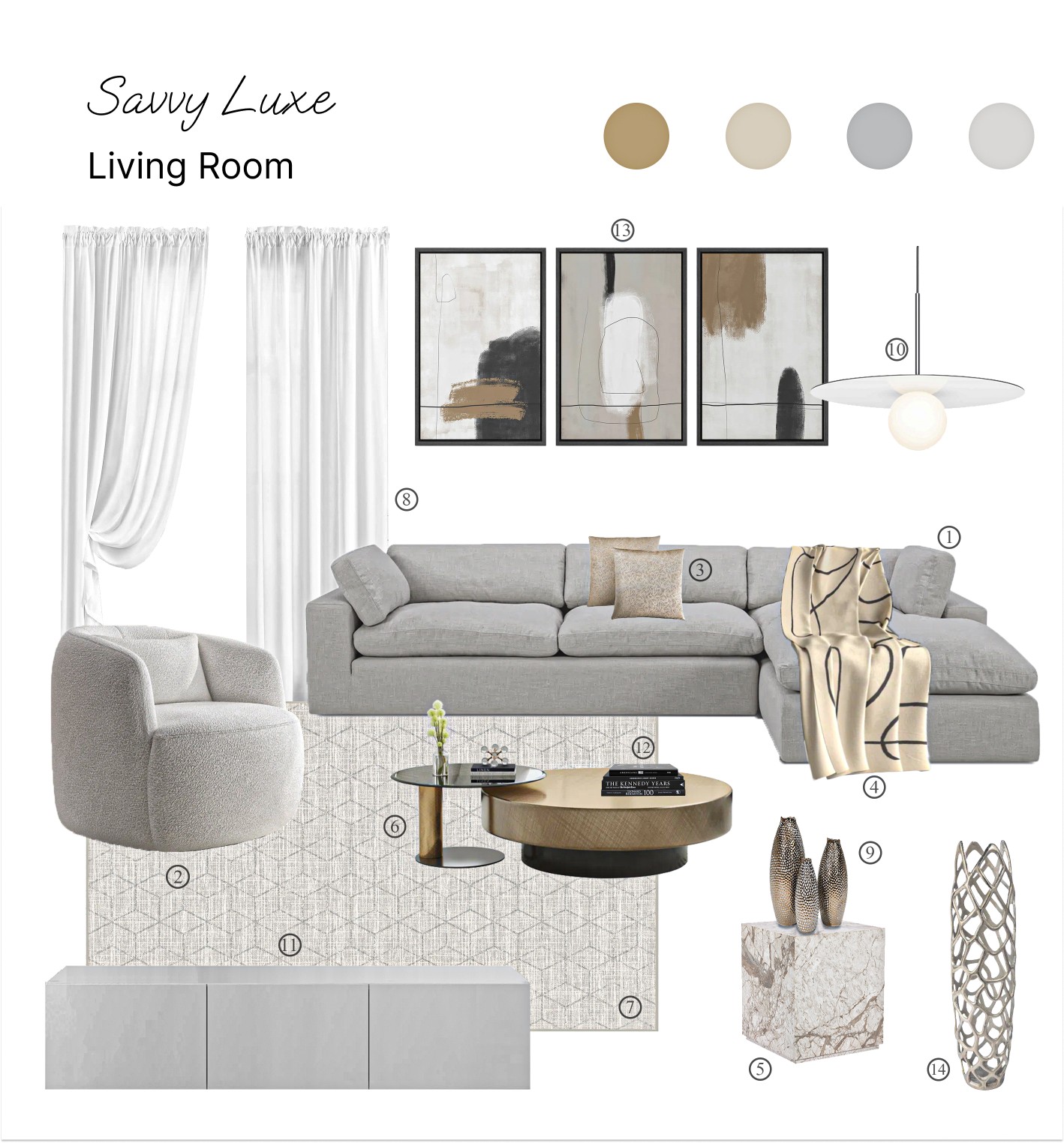 Savvy Luxe Living Room: Board with Shopping List